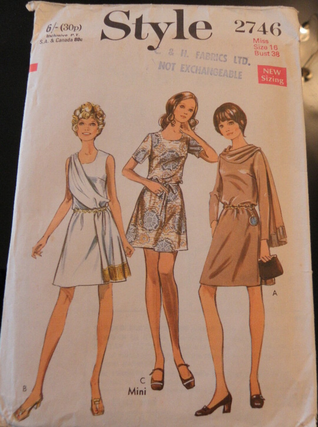 1970 Style 2746 Sewing Pattern Ladies Toga Dress, Scarf. Cut Size 16 ...