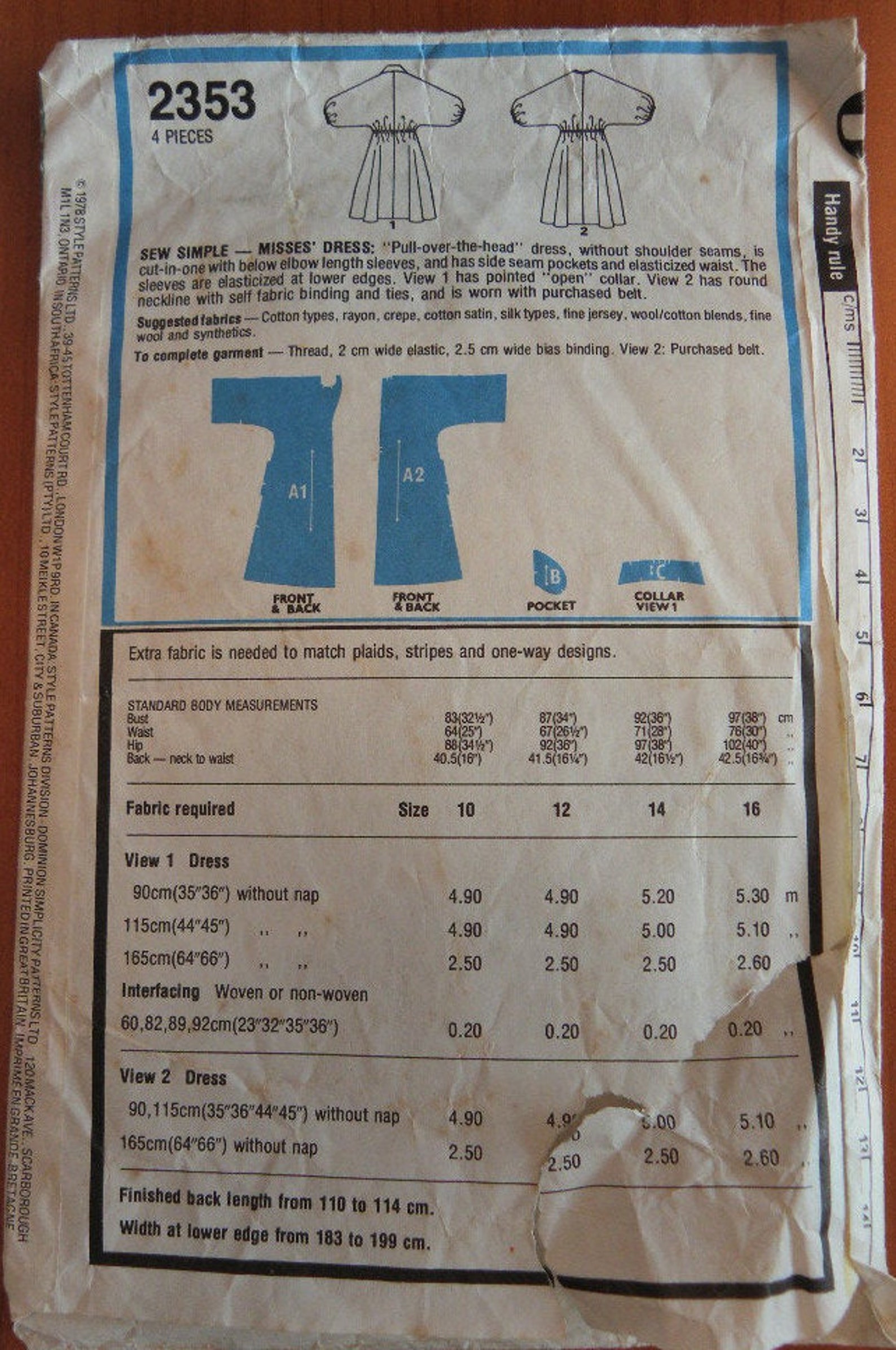 1978 Style 2353 Sewing Pattern Ladies Summer Dress Cut Size 10 Bust 32. ...