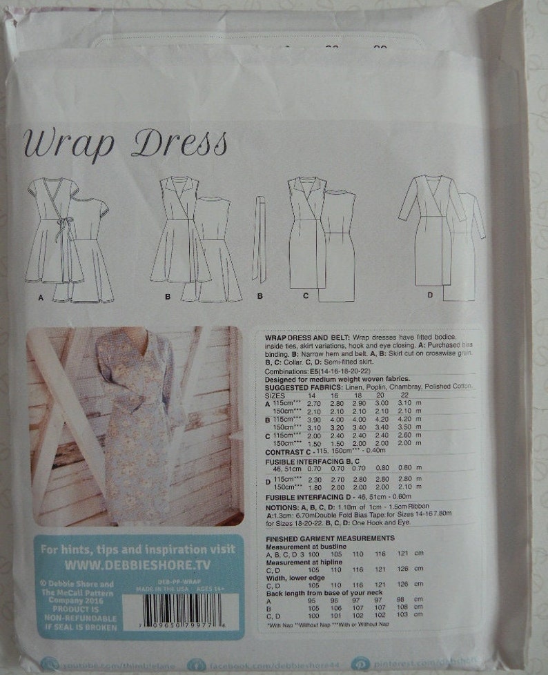 2016 Debbie Shore DS002 Sewing Pattern Ladies Wrap Dress Uncut Size 14 ...