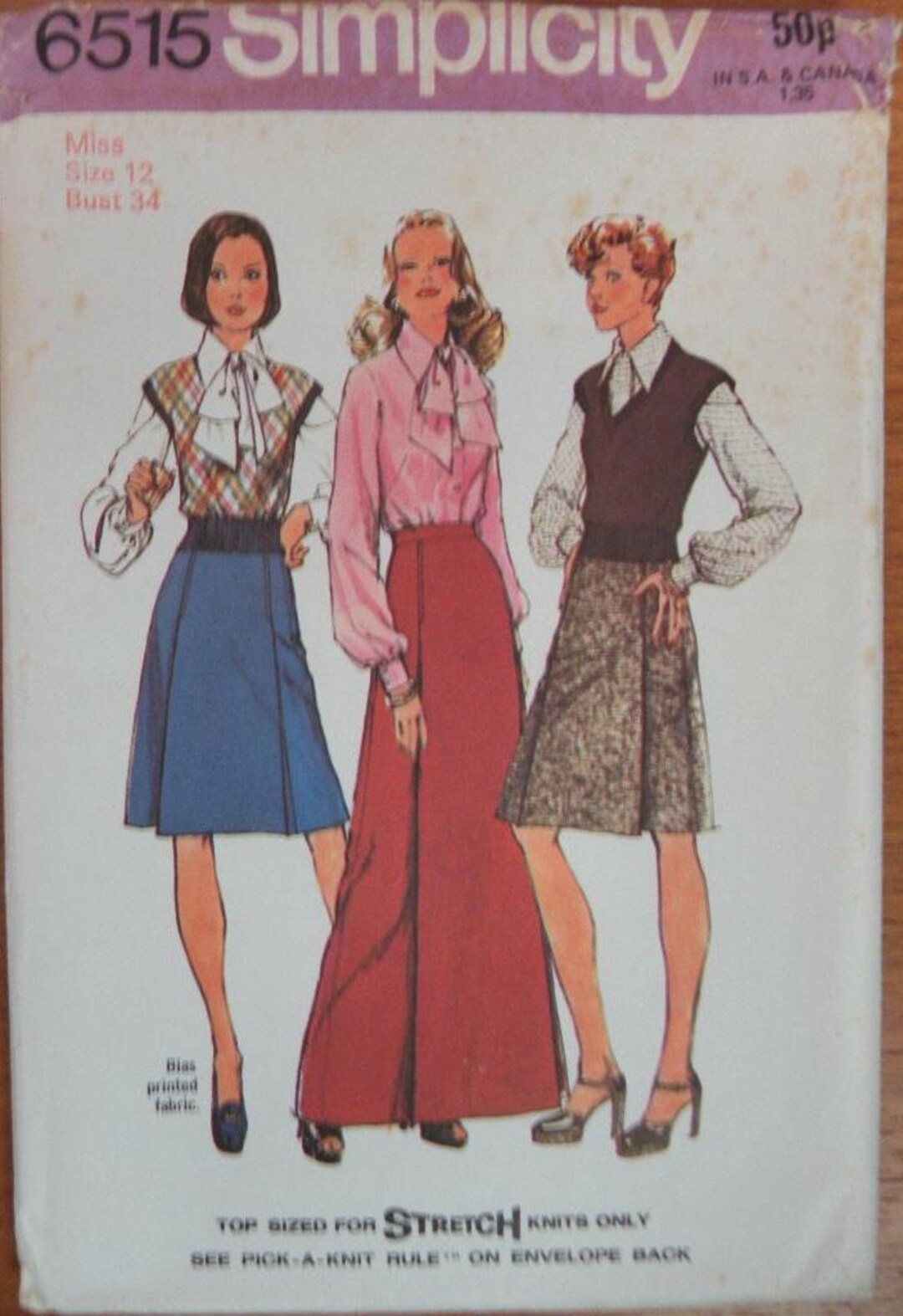 1974 Simplicity 6515 Sewing Pattern Ladies A Line Midi Maxi Skirt ...