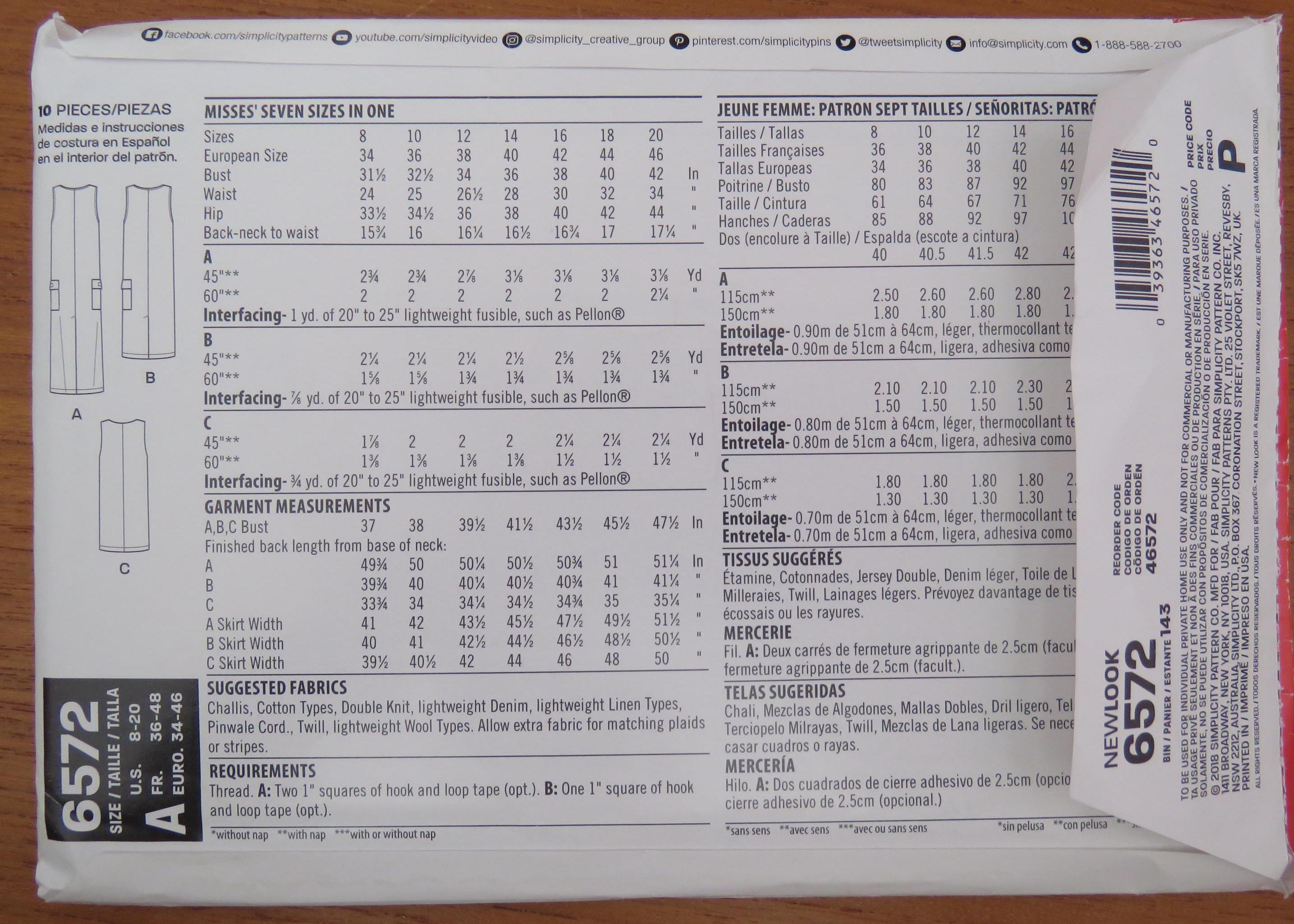 2018 New Look 6572 Sewing Pattern Ladies Pullover Pinafore Shift Dress ...