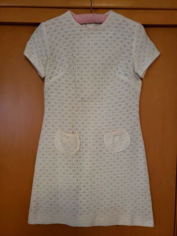 vintage 1960s white go-go dress pink trim rhinestones… - Gem