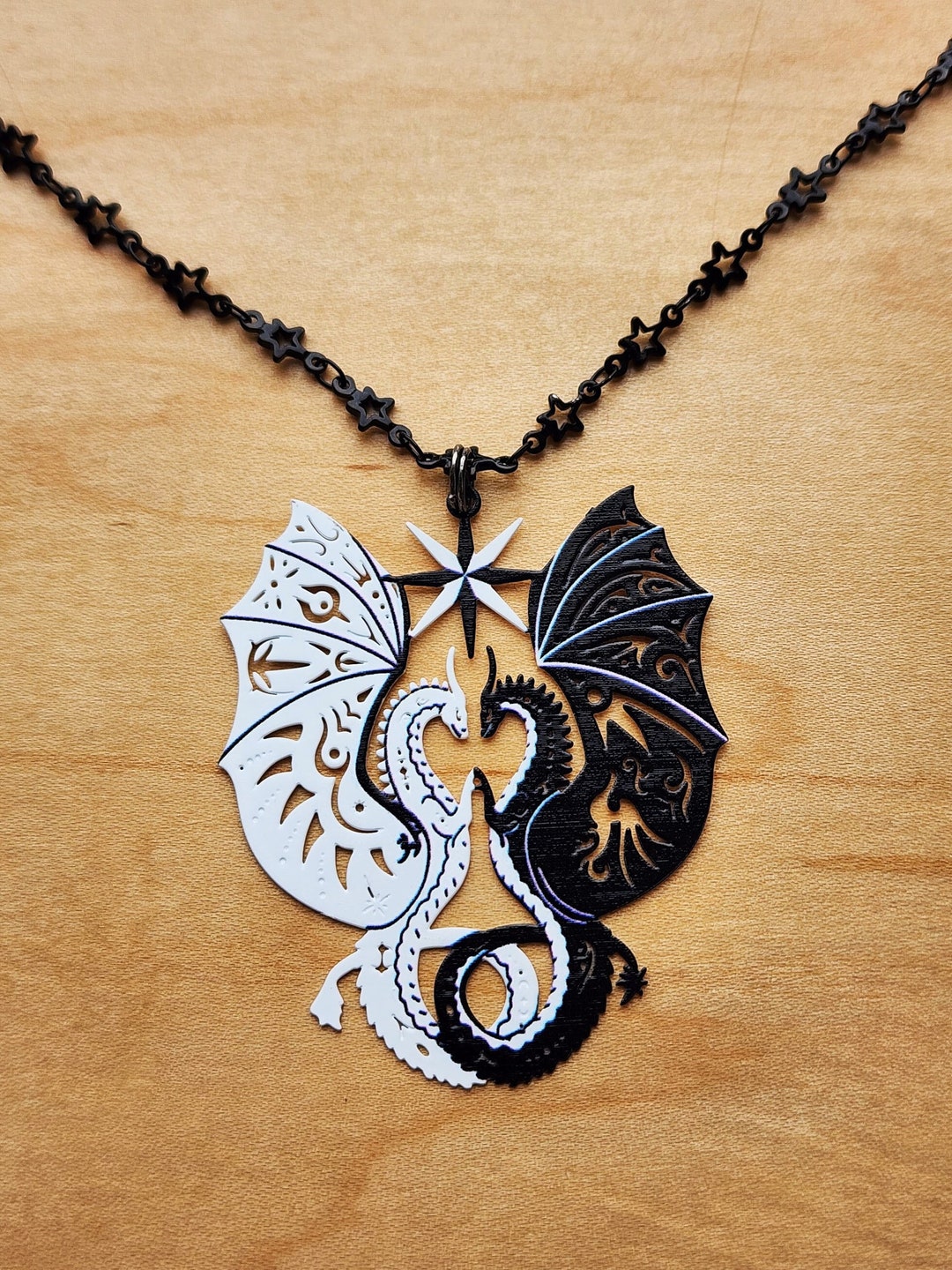 Dragon Duality Die-cut Metal Black & White Fantasy Necklace With ...