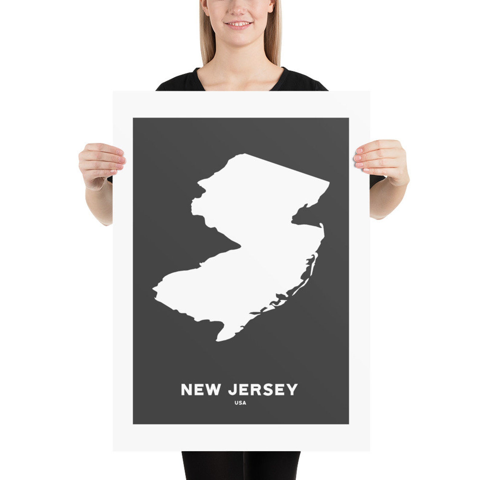 New Jersey State Print Map Printed Black and White Wall Art Poster ...