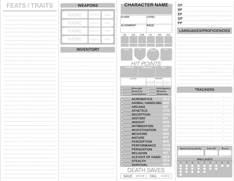 Dungeons and Dragons 5e Bookmark Character Sheets Printable Pdf - Etsy
