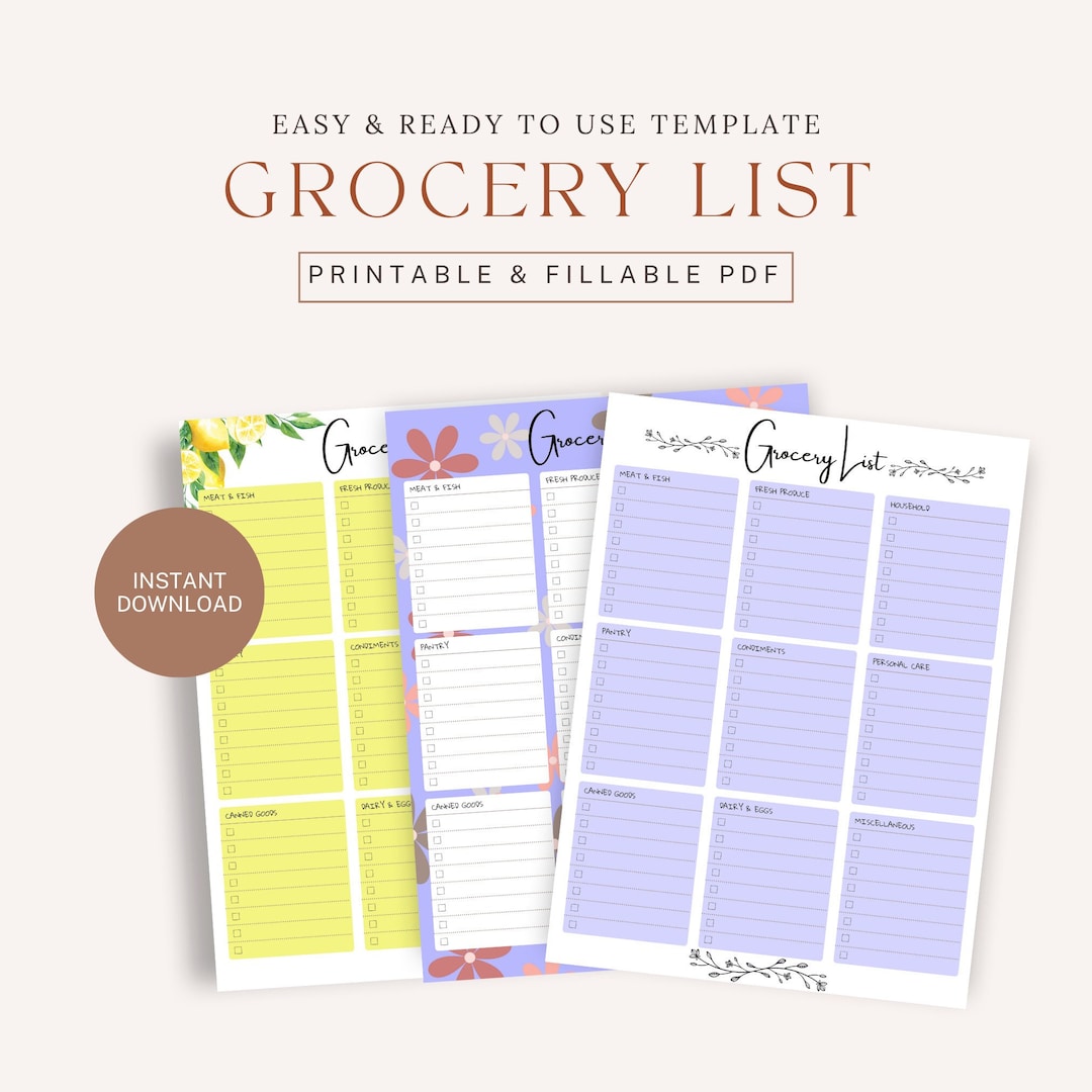 Grocery List Printable Template, Grocery Planner, Food Shopping List ...