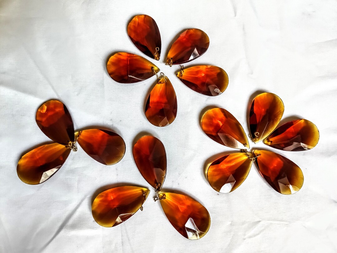 2 Vintage Amber Lead Crystal Glass Drops Chandelier Spare Parts ...