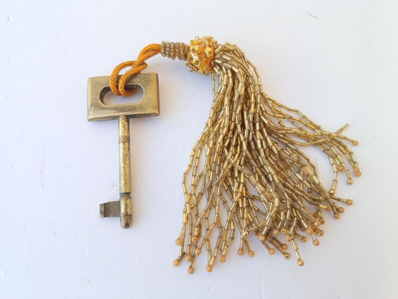 Vintage Italy Collectible Skeleton Key With Beaded Tassel, Authentic ...