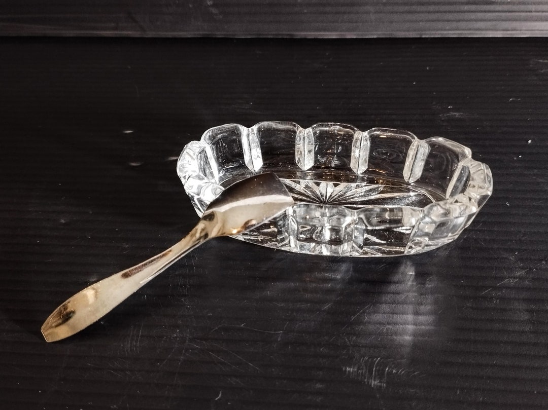 Italian Vintage Crystal Cut Glass Oval Mustard Bowl With Mini Spoon ...