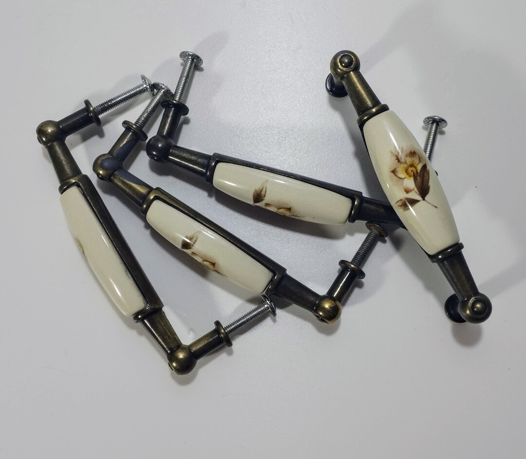 Italian Antique Heavy Brass and Ceramic Dresser Door Handles. Vintage Metal Ceramic Drawer Knobs ...