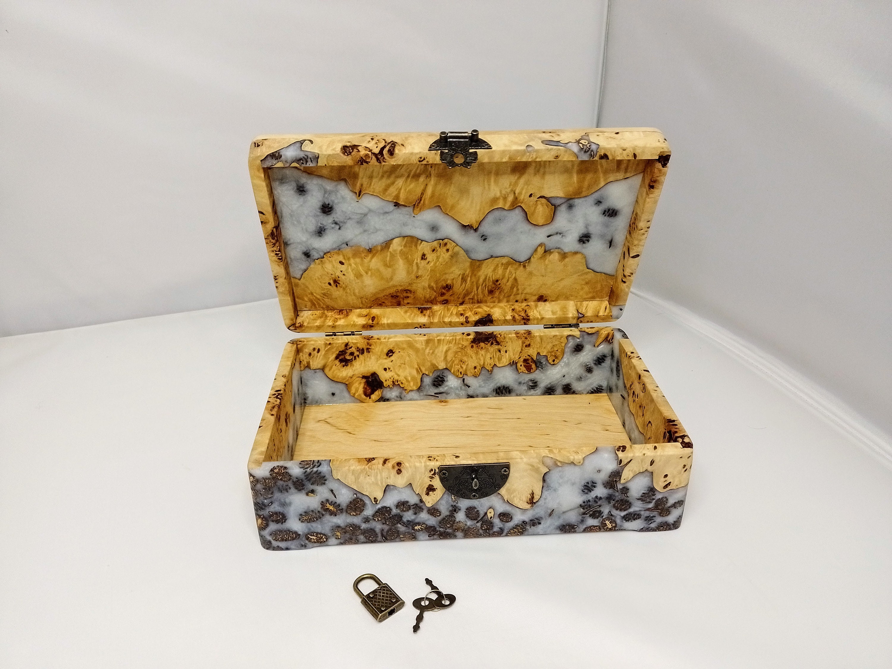 Handmade Burl Wood and Epoxy Resin Box With Real Cones, Fancy Keepsake ...