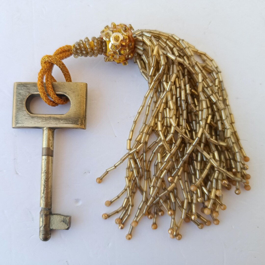 Vintage Italy Collectible Skeleton Key With Beaded Tassel, Authentic ...