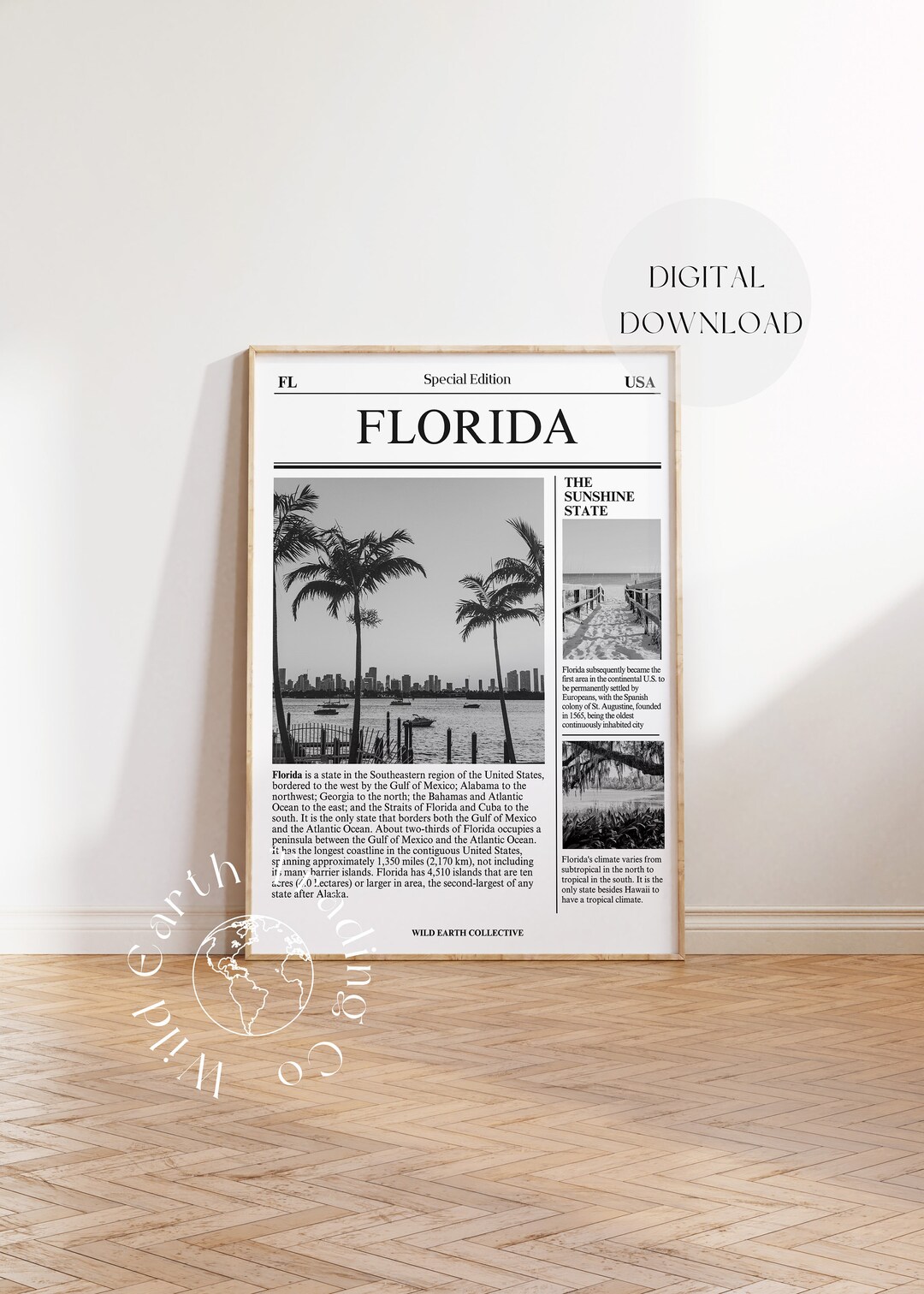 Florida Art Print | Digital Download | State Poster | Newspaper Art ...