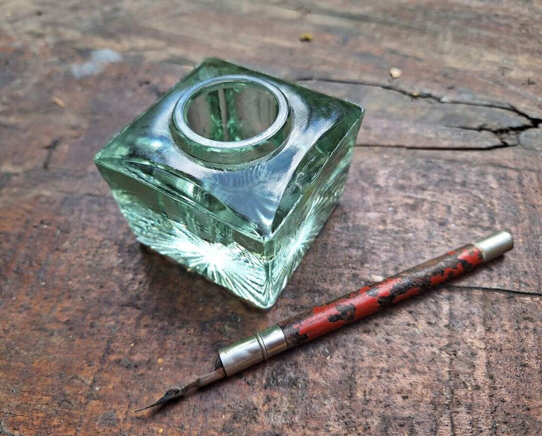 Antique Glass Inkwell With Nibs Pen Heavy Green Inkwell With Fountain
