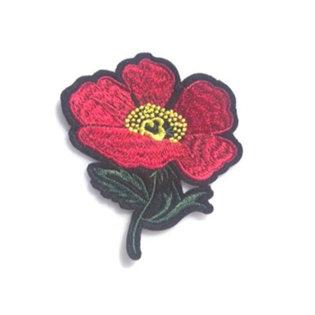 Red Yellow Flower Green Leave and Stem Applique Patch/ Red Flower Patch ...