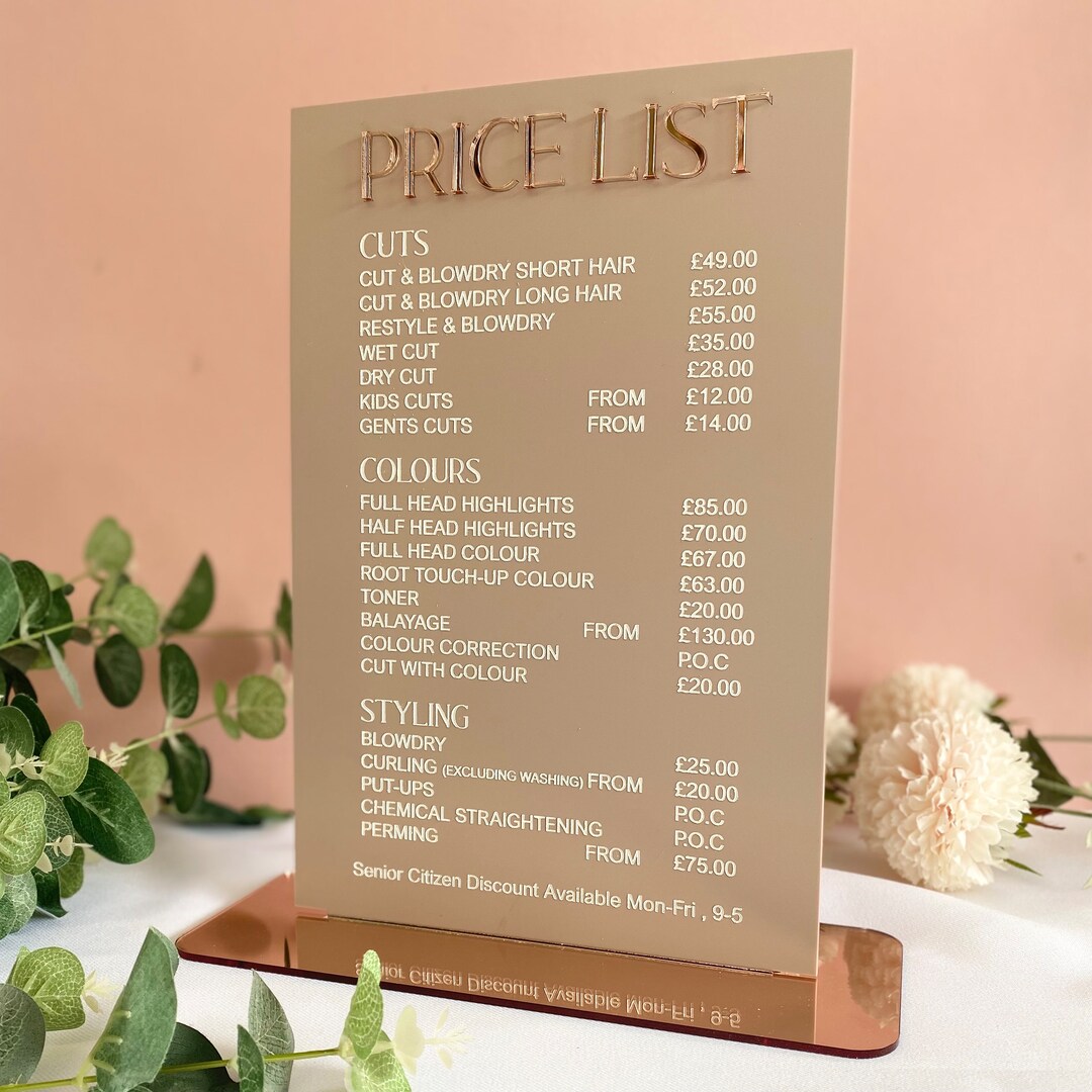 Salon Price List Sign, Acrylic Price List, Small Business Sign ...