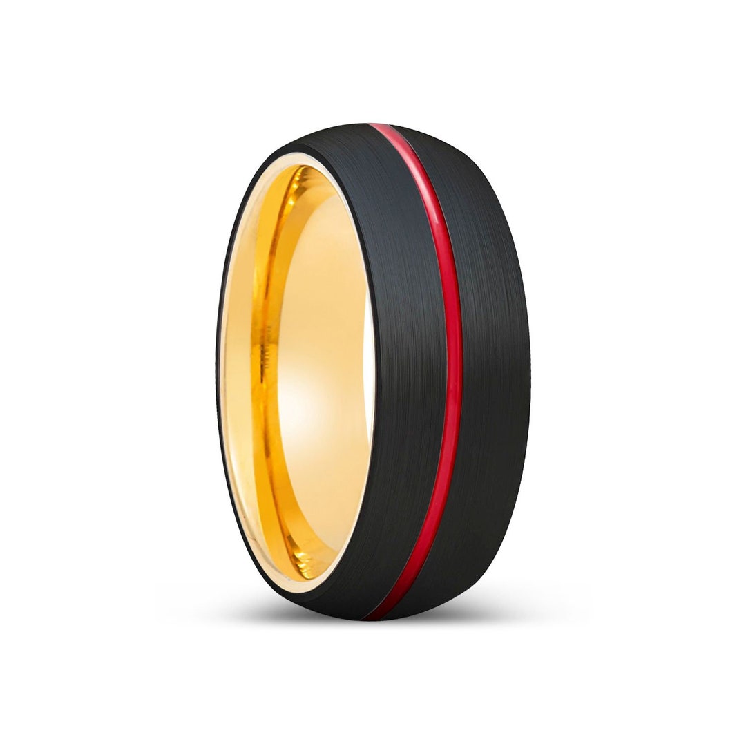 Black Brushed Domed Ring, Red Groove Wedding Ring, Red Stepped Edges ...
