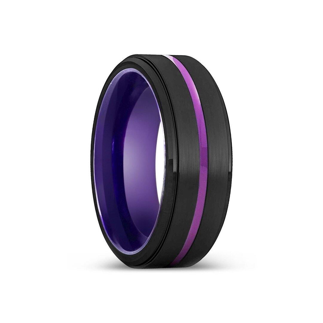 Purple Groove Stepped Edge Wedding Ring, Black Brushed Tungsten Ring ...