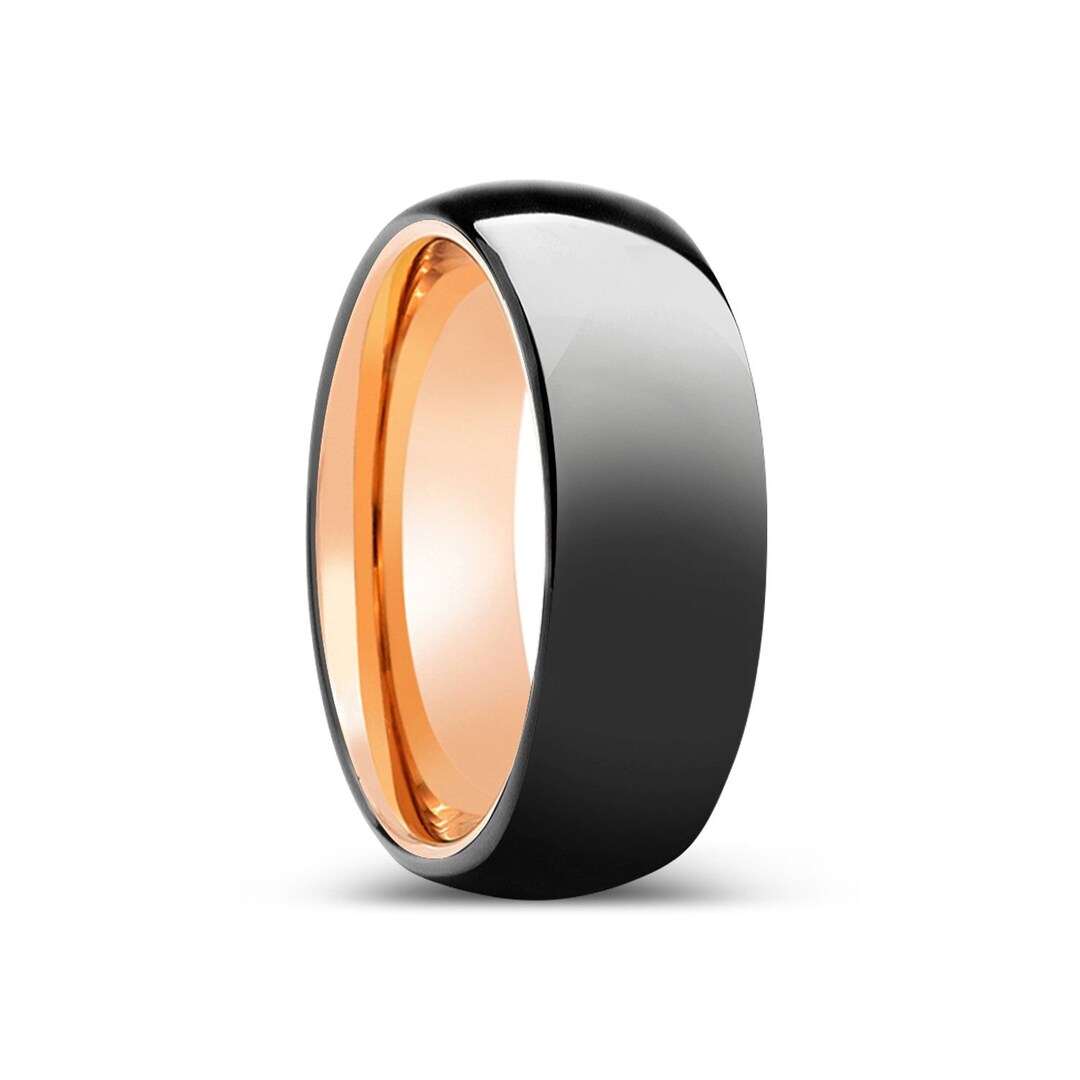 Black Shiny Ring, Black Tungsten Ring, Black Domed Ring, Rose Gold ...