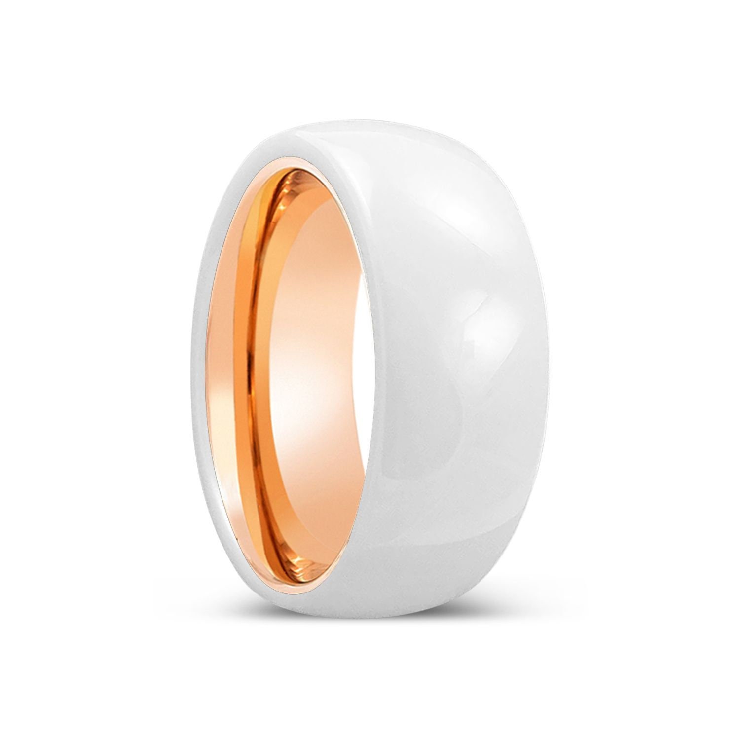 White Ceramic Ring, White Wedding Ring, Domed Ring, Rose Gold Tungsten ...