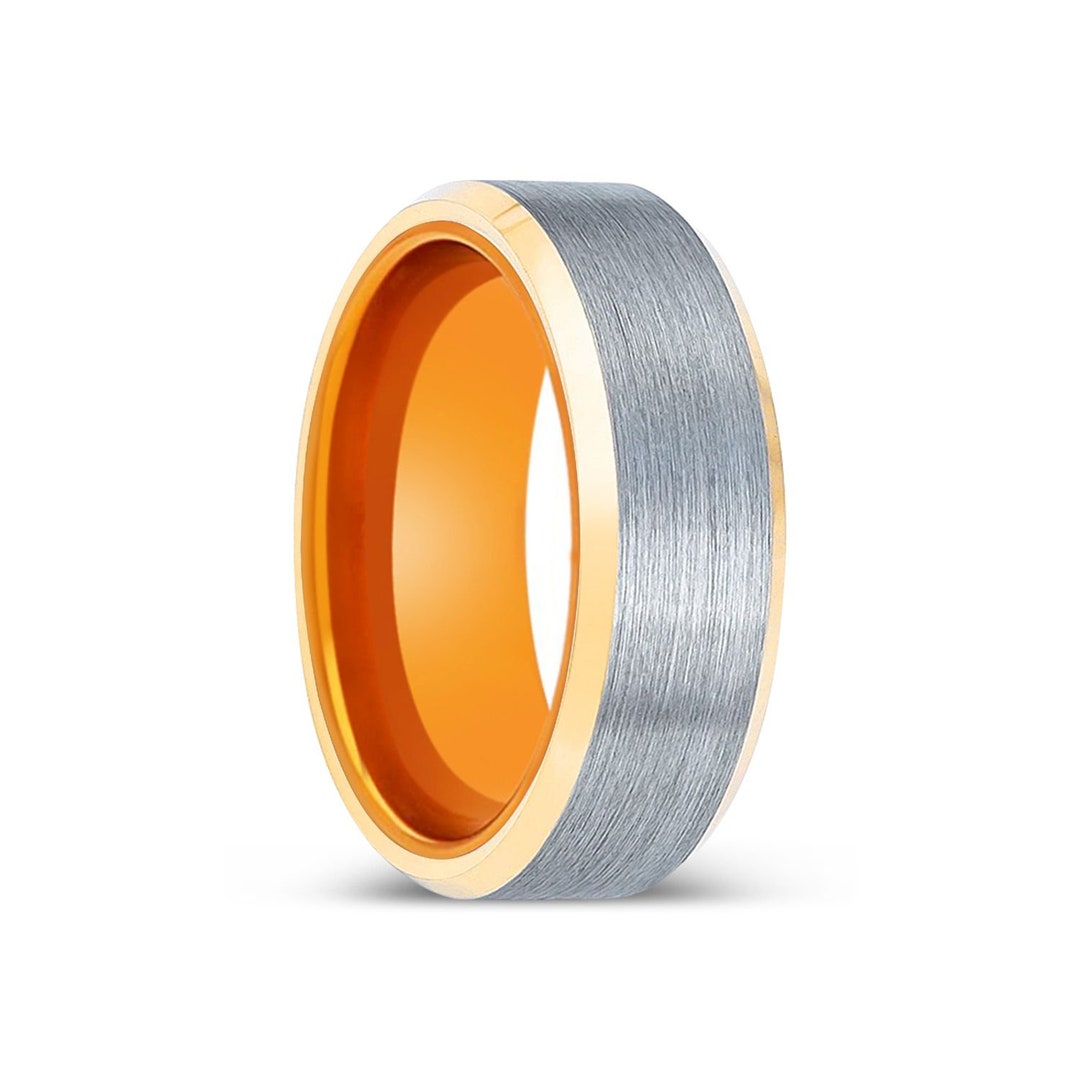 Silver Tungsten Orange Rings, Yellow Gold Beveled Edges Ring, Orange ...