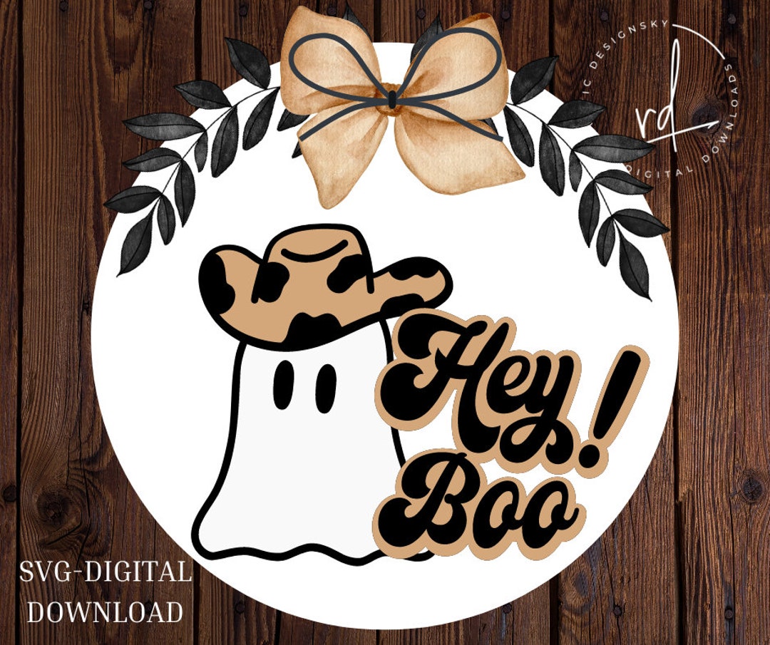 Svg/png-ghost Wearing Cowprint Cowboy Hat Hey Boo Retro-cricut ...
