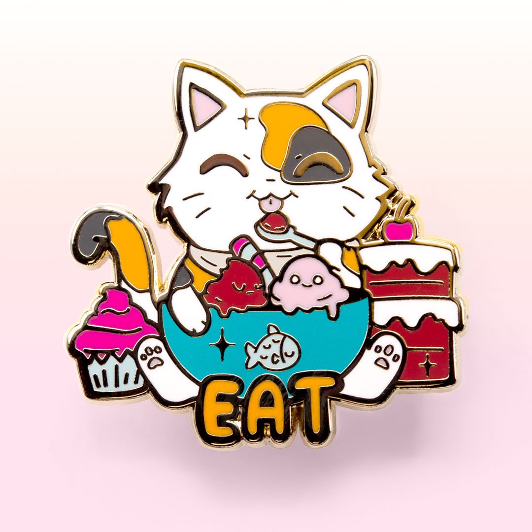 EAT (calico Cat) Hard Enamel Pin Gold Lapel Pins Badge Cute Kawaii Gift ...