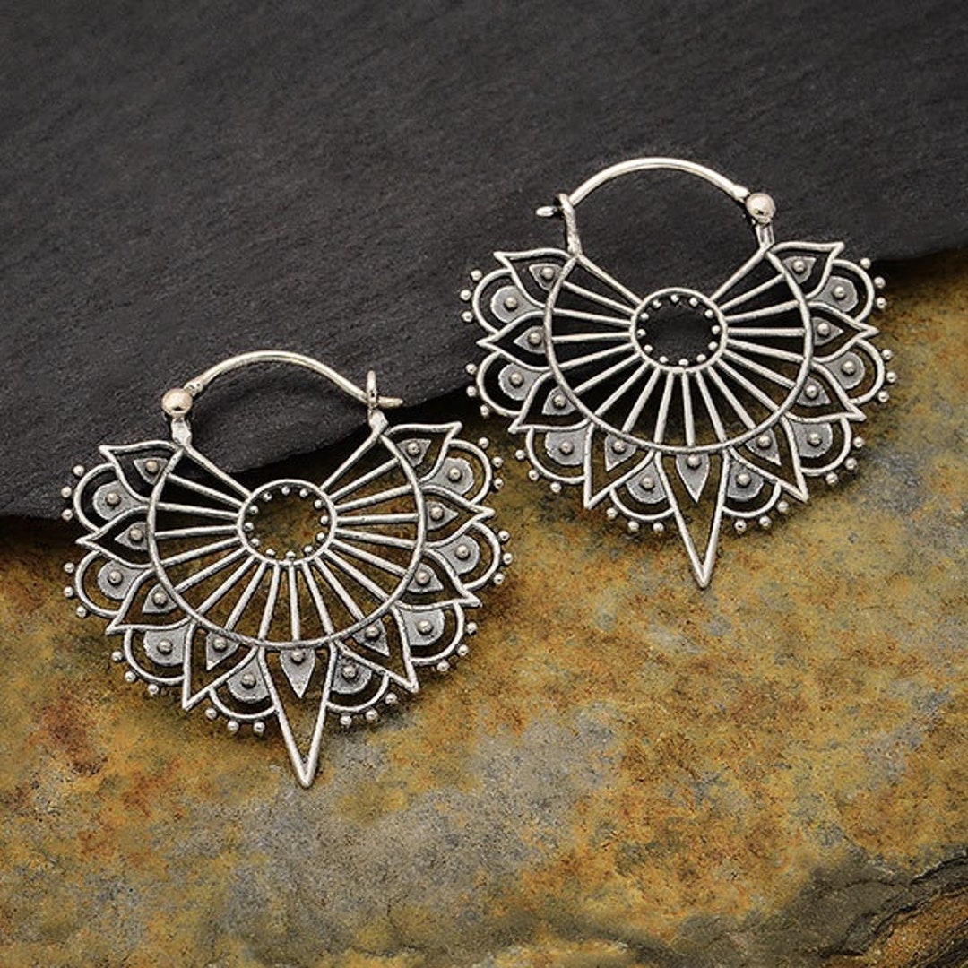Sterling Silver Mandala Art Deco Wire Hoop Earrings 33 X 31 Mm - Etsy