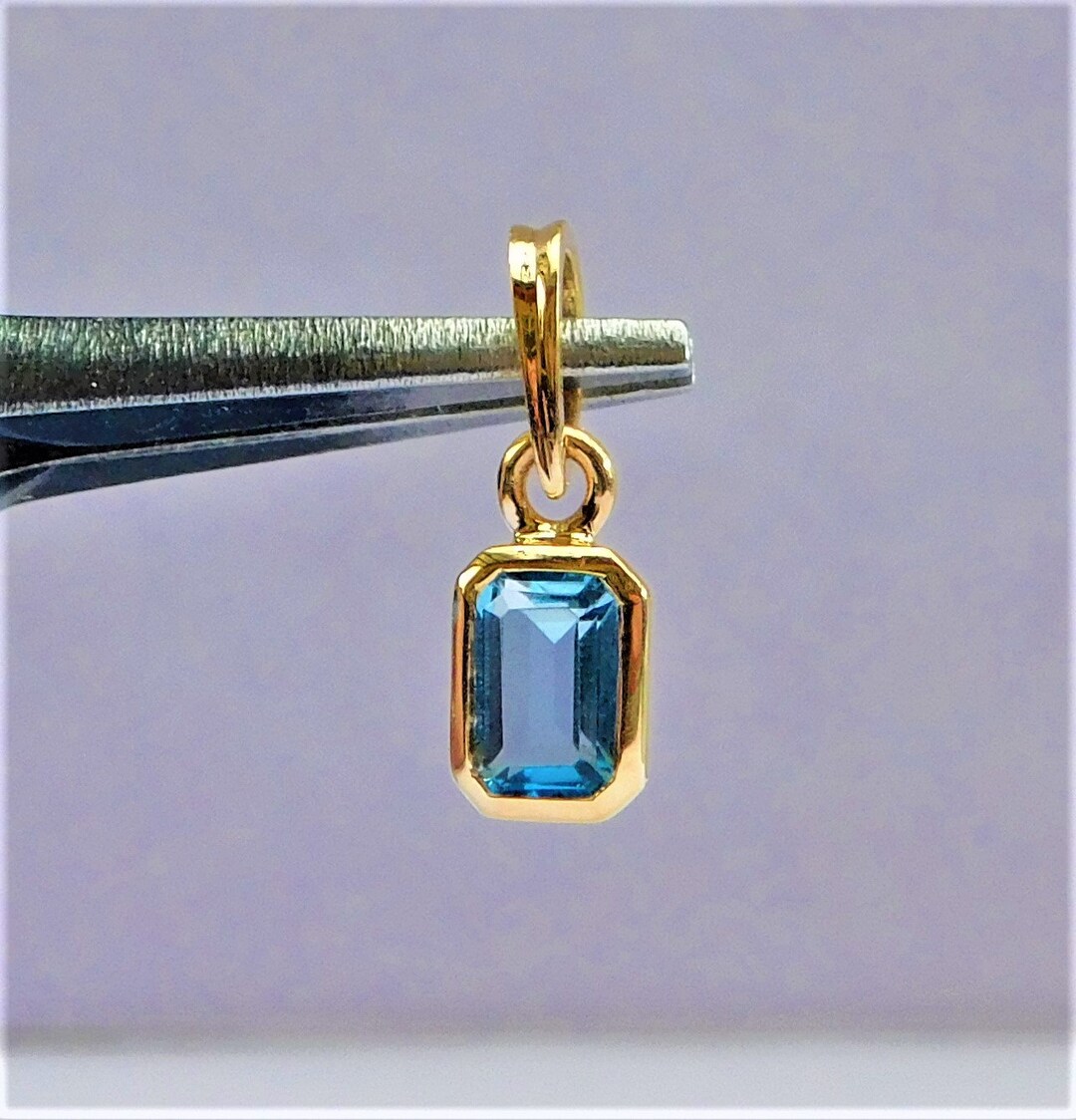 14k Solid Gold With Swiss Blue Topaz Gemstone Charm 15 X 6 Mm - Etsy