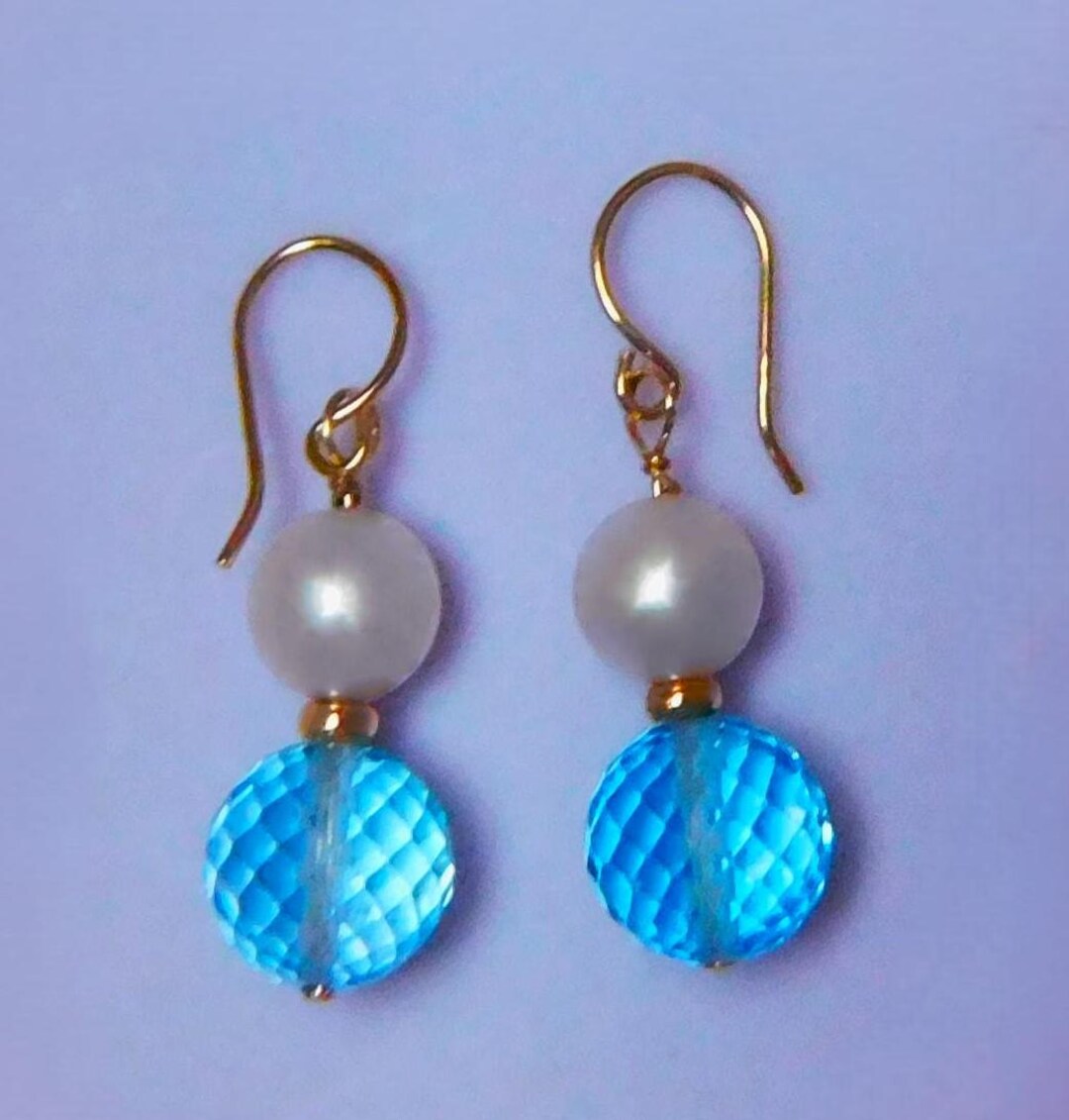 18k Solid Gold Pearl and Swiss Blue Topaz Dangle Drop Earrings - Etsy