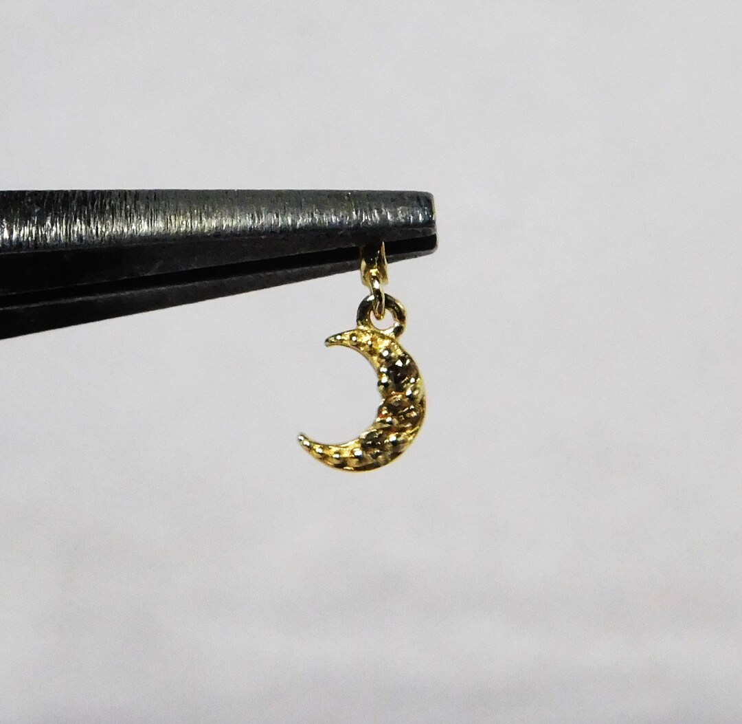 Super Tiny 14k Solid Yellow Gold Crescent Moon Charm With Three Genuine ...