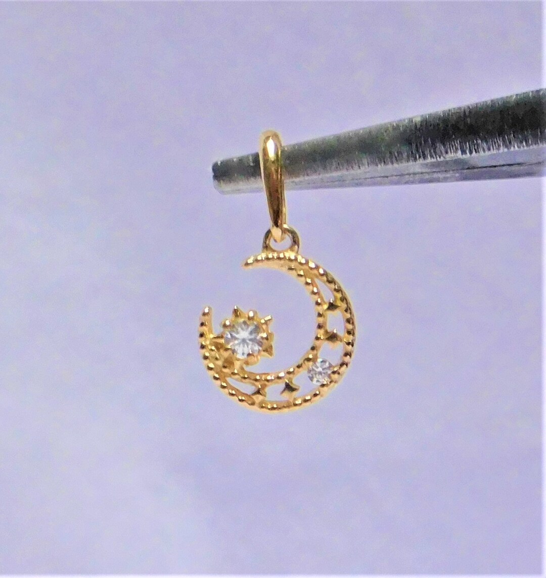 Tiny 14k Solid Gold Crescent Moon With Cubic Zirconia Star Charm 7.5 X ...