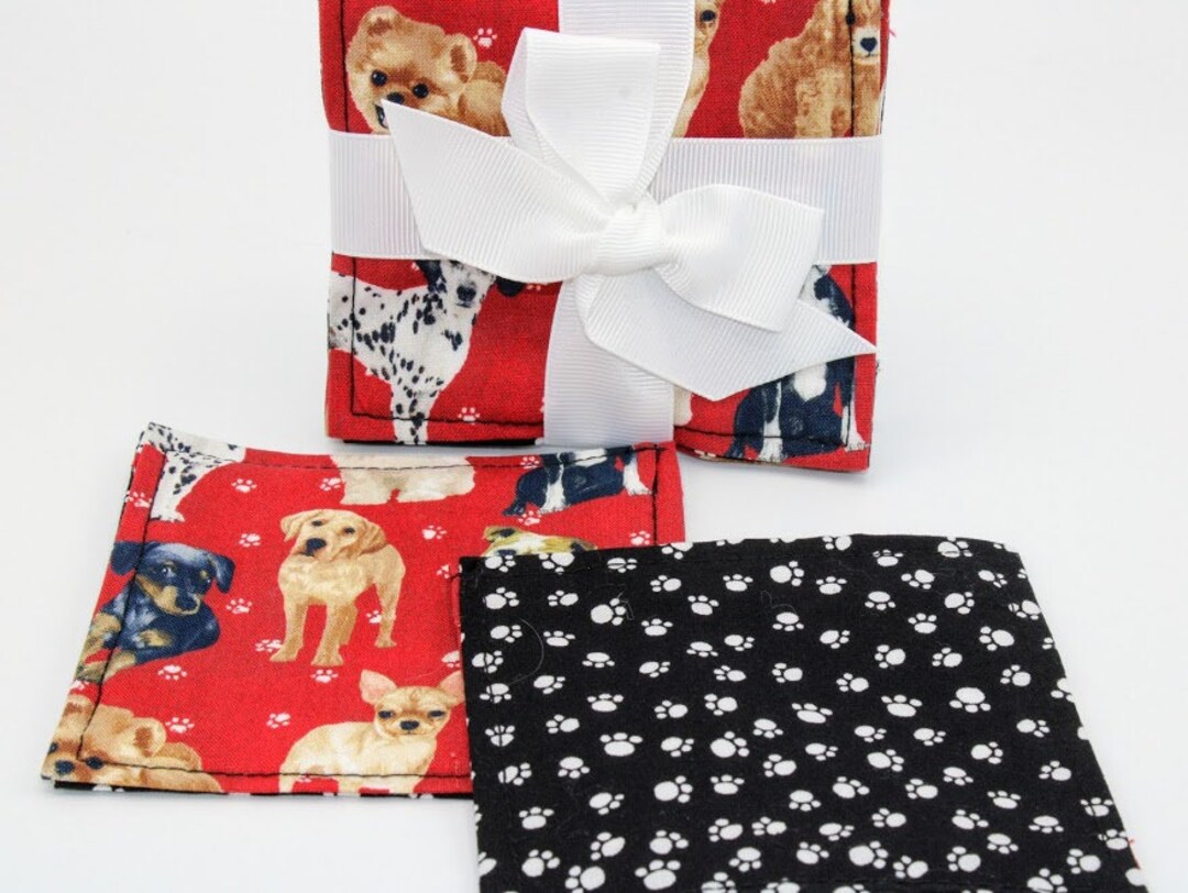 Set of 4 Red Dog Print and Black and White Reversible Paw Print ...