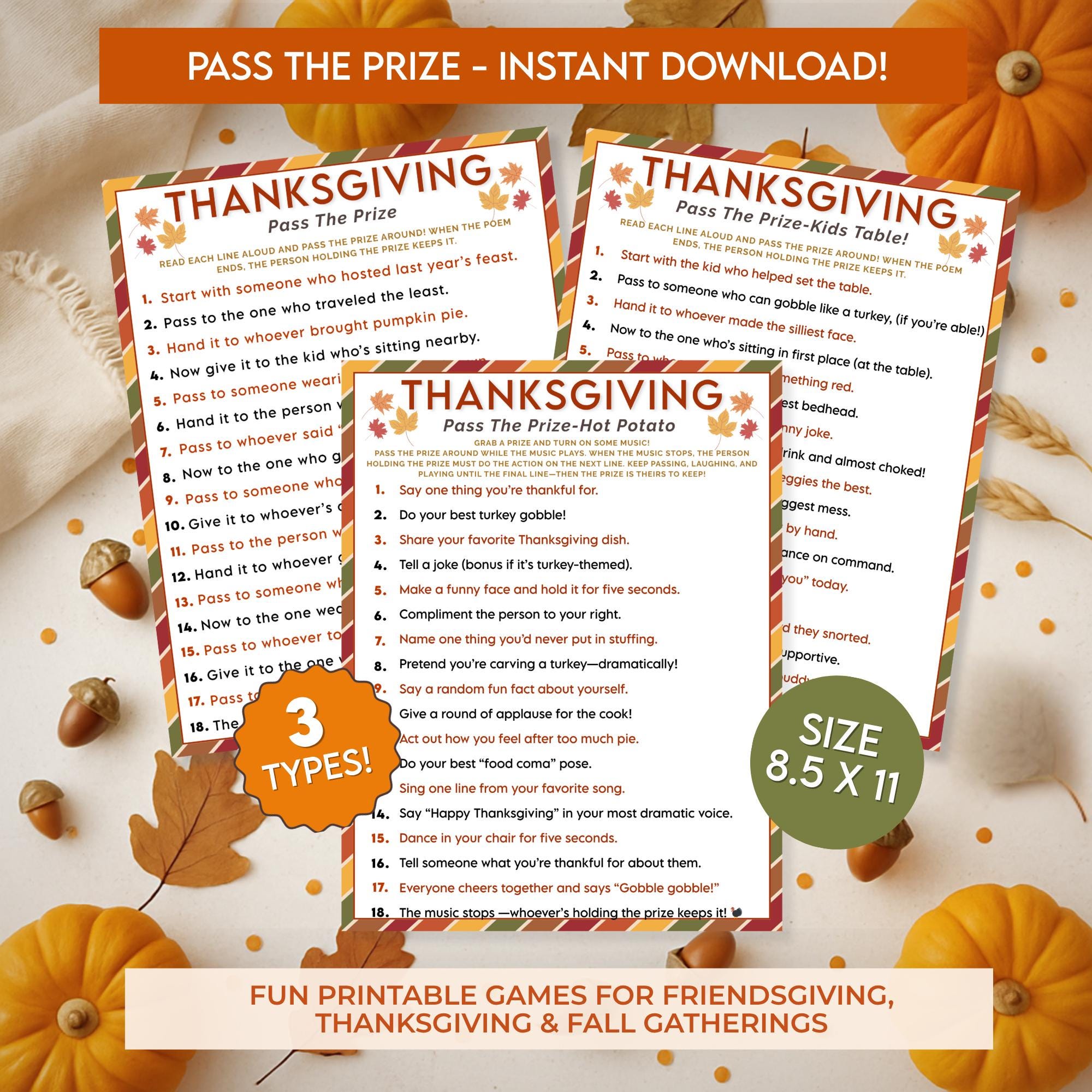 Thanksgiving Pass the Prize, Printable Game | Thanksgiving Games for ...
