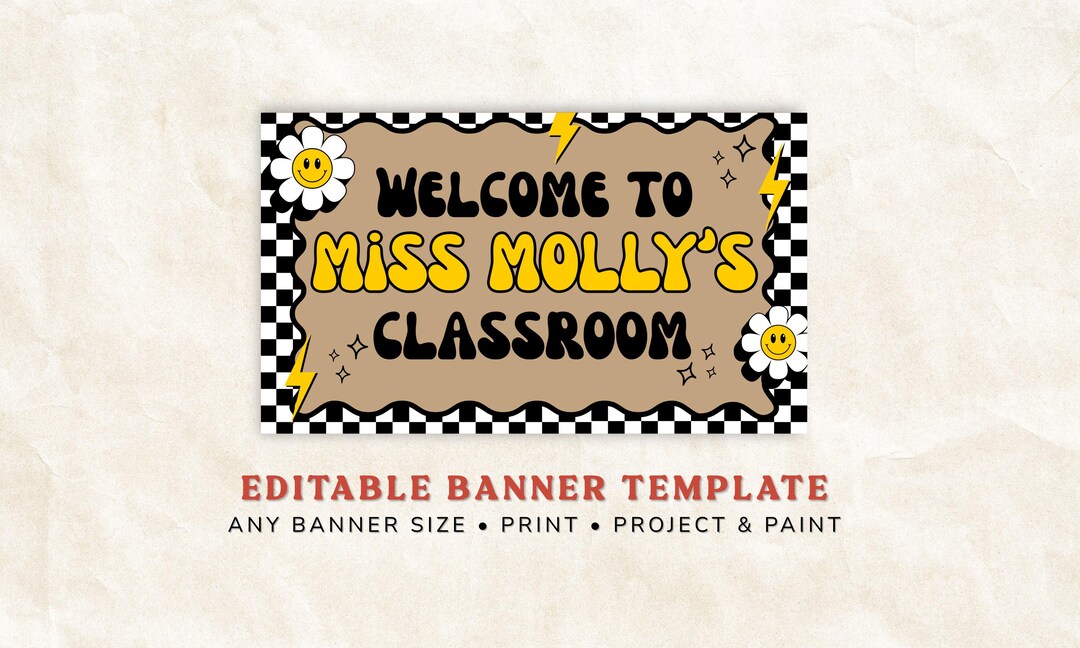 Retro Classroom Banner, Printable Teacher Banner, Paintable Classroom ...