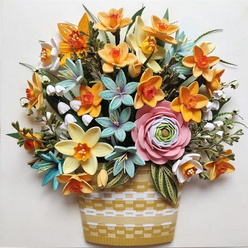 3D Paper Quilling Flowers in a Basket daffodils, Lilies of the Valley ...