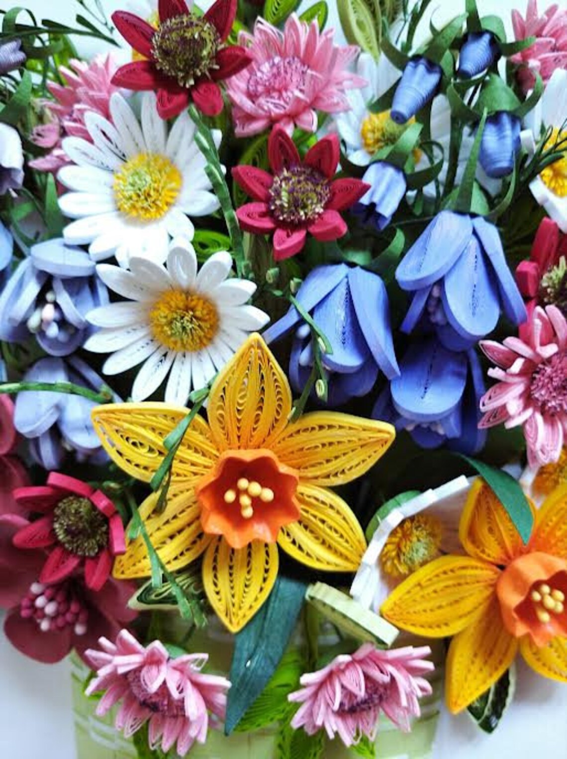 3D Paper Quilling Garden Flowers in a Basket Daisies, Bluebells ...