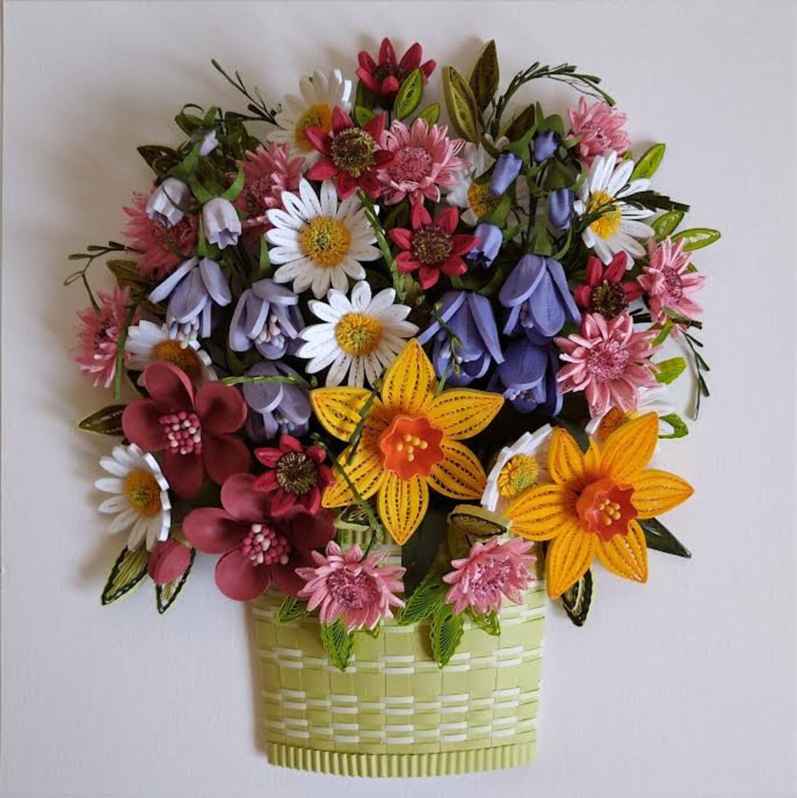 3D Paper Quilling Garden Flowers in a Basket Daisies, Bluebells ...
