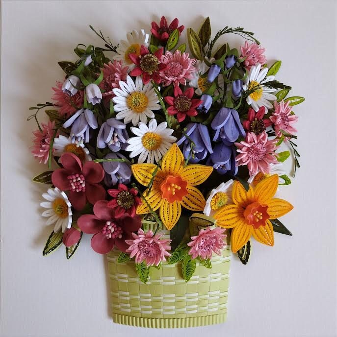 3D Paper Quilling - Garden Flowers in a Basket - Daisies, Bluebells ...