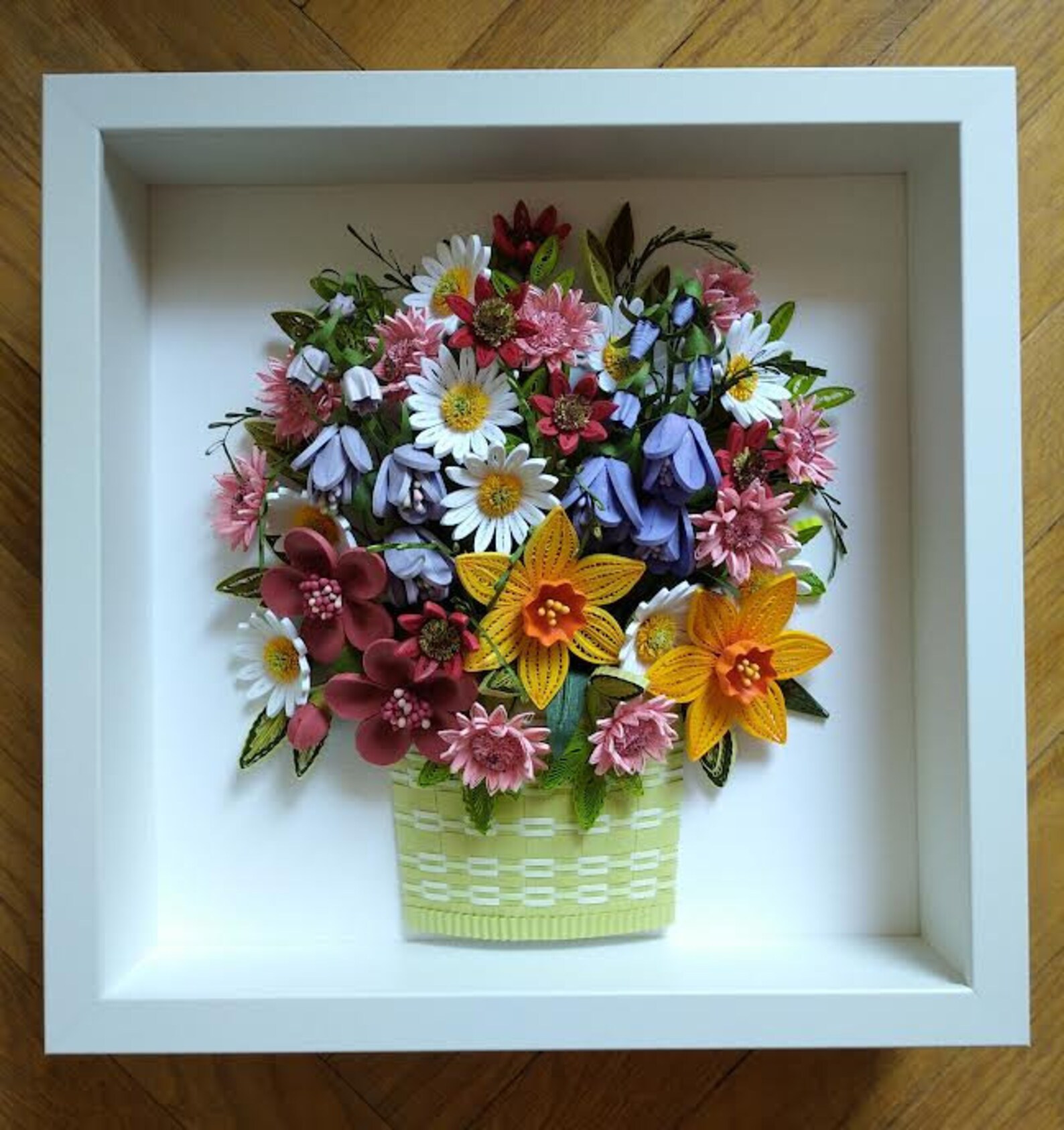 3D Paper Quilling - Garden Flowers in a Basket - Daisies, Bluebells ...