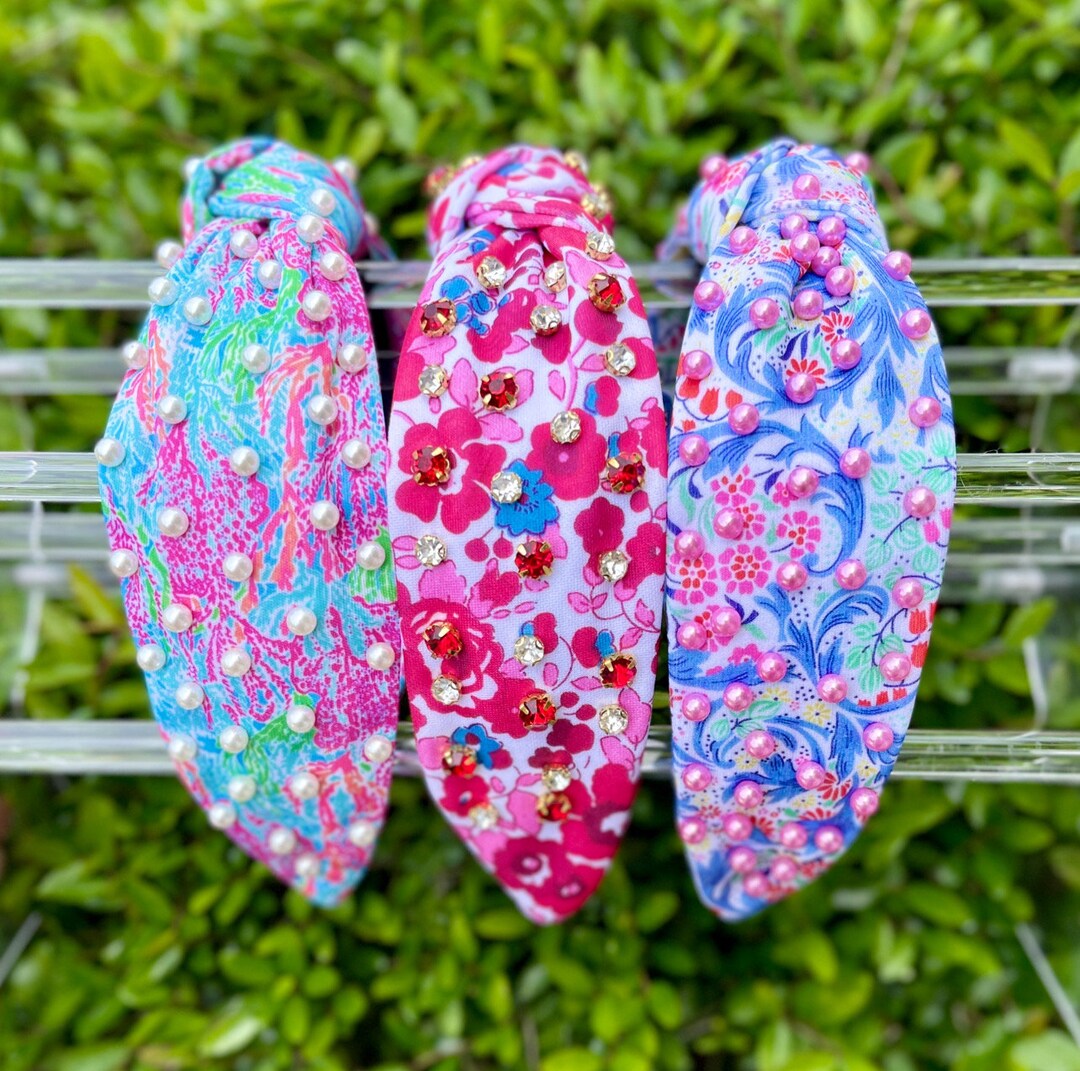 Tropical Floral Headbands Women Lilly Inspired Headbands Pearl Beaded Headbands Floral Knotted