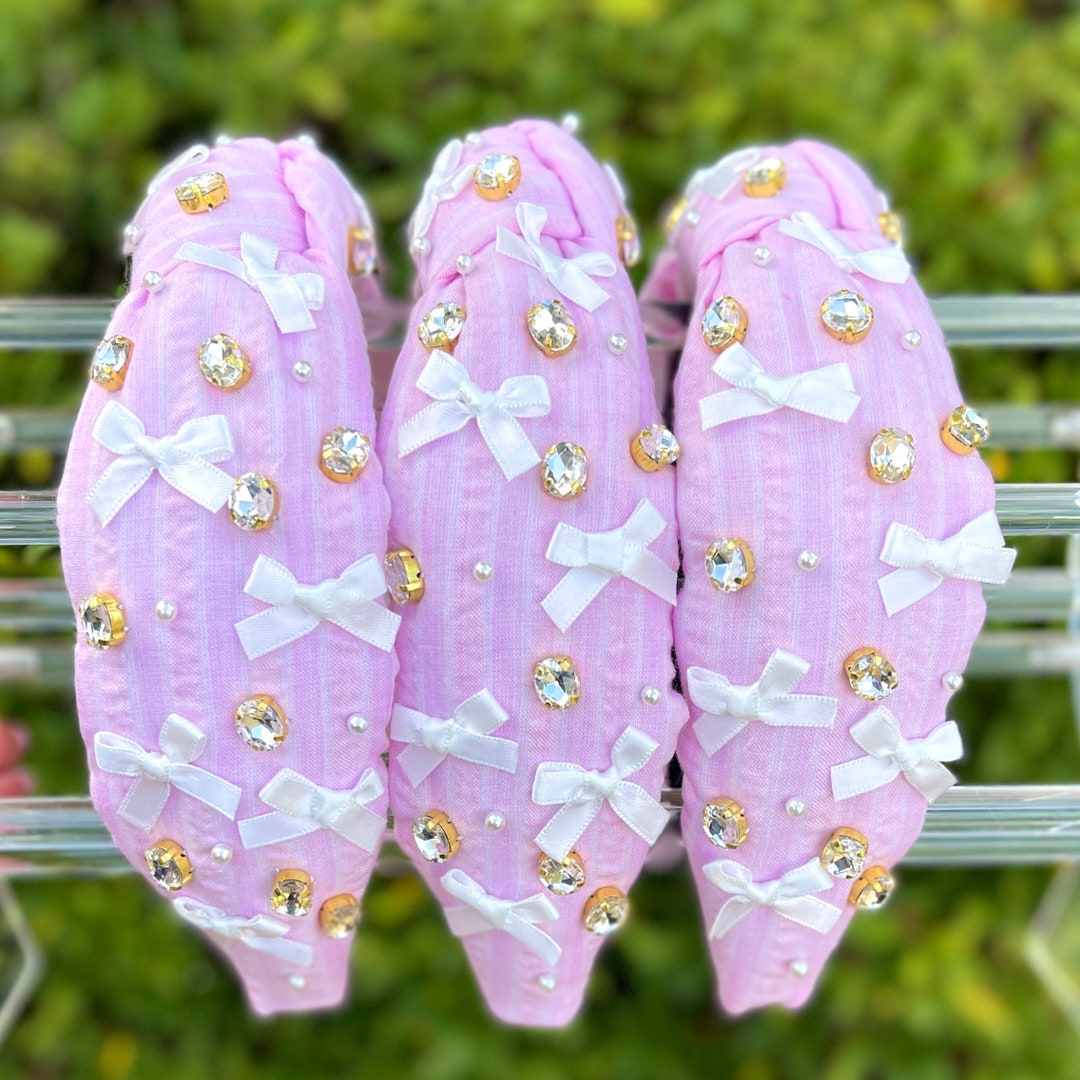 Preppy Pink Headband Big Bows Beaded Pearls Headband Women Padded Knot ...