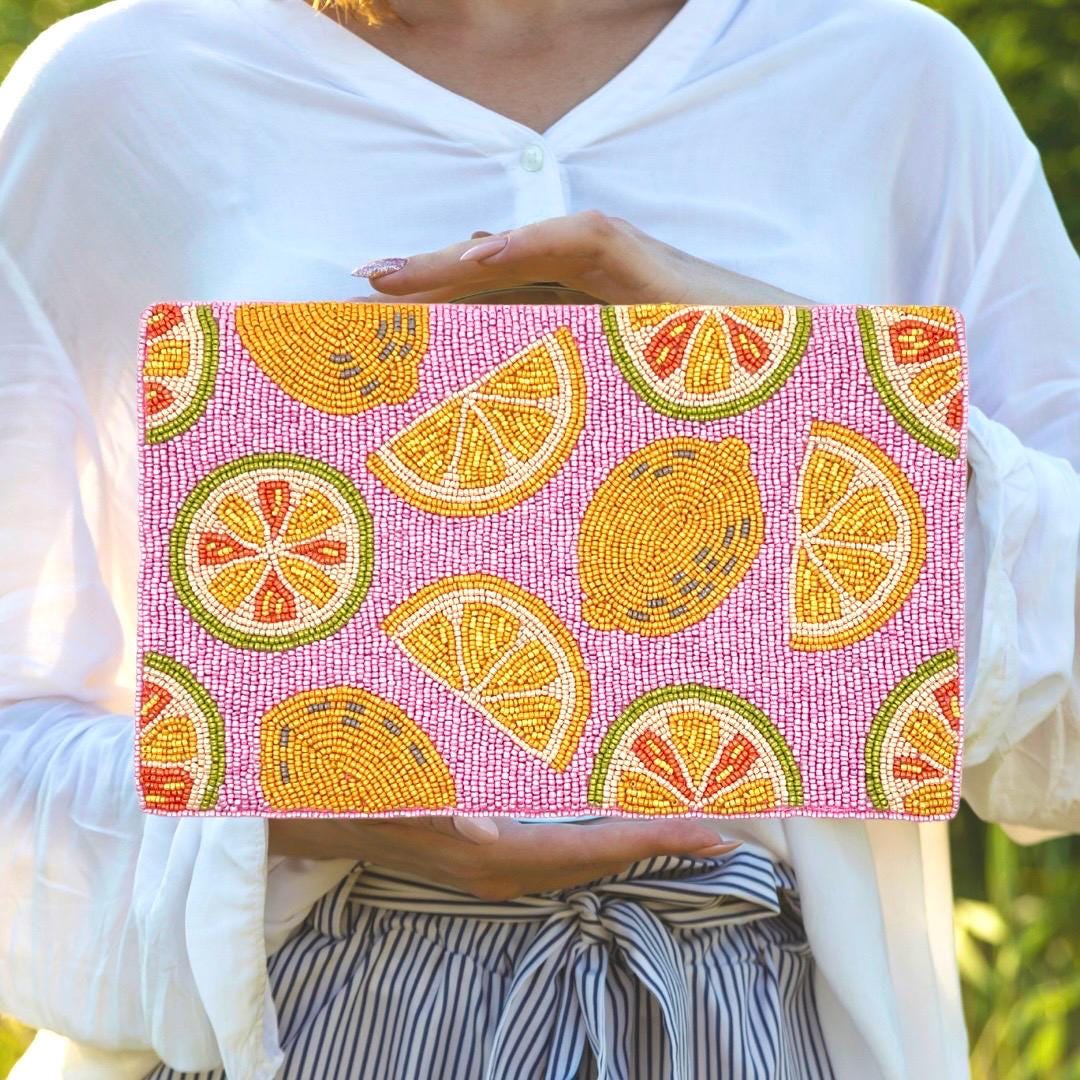 Lemon Purse Lemon Beaded Bag Pink Lemon Clutch Summer Vacation Purse ...