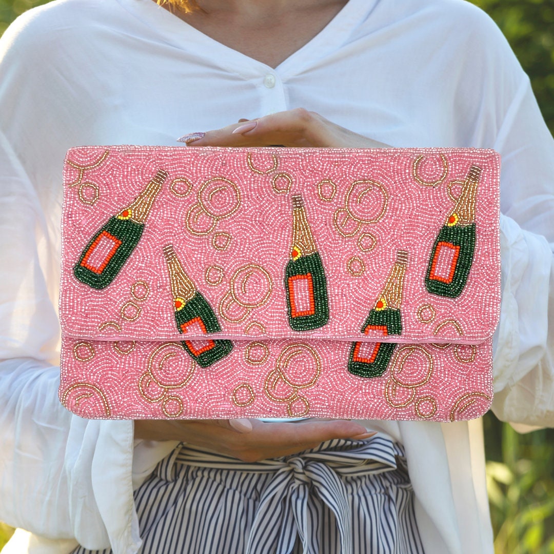 Pink Beaded Clutch: Champagne Bottle Purse, Cheers Bag - Etsy