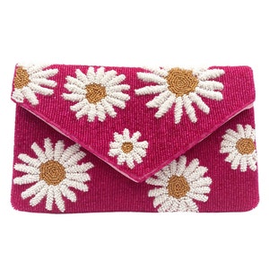 Pink Floral Beaded Clutch Beaded Purse Sunflower Crossbody Bag for ...