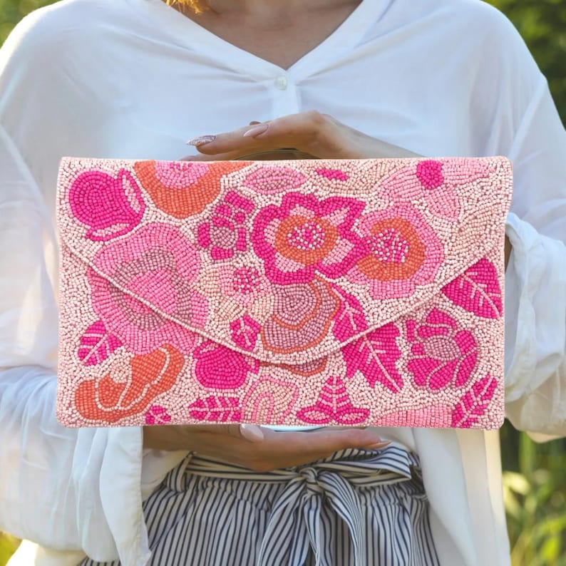 Pink Floral Beaded Clutch Purse; Summer Party Purse With Silver Chain ...