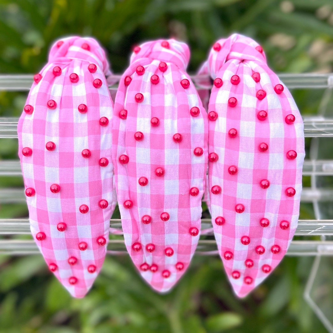 Valentine's Day Headband Women Pink Gingham Fabric Headband Red Pearl ...