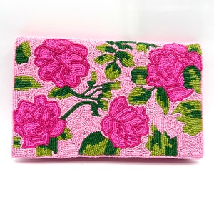 Pink Floral Purse Clutch Bag, Beaded Clutch Purse, Pink & Green Flower ...