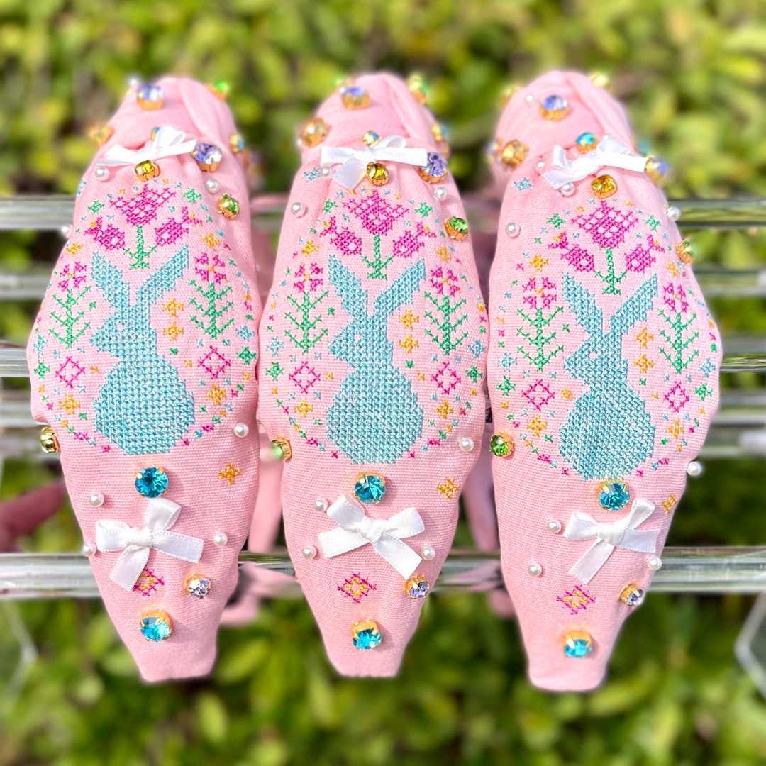 Easter Knotted Headbands Women Pink Easter Bunny Cross Stitch ...