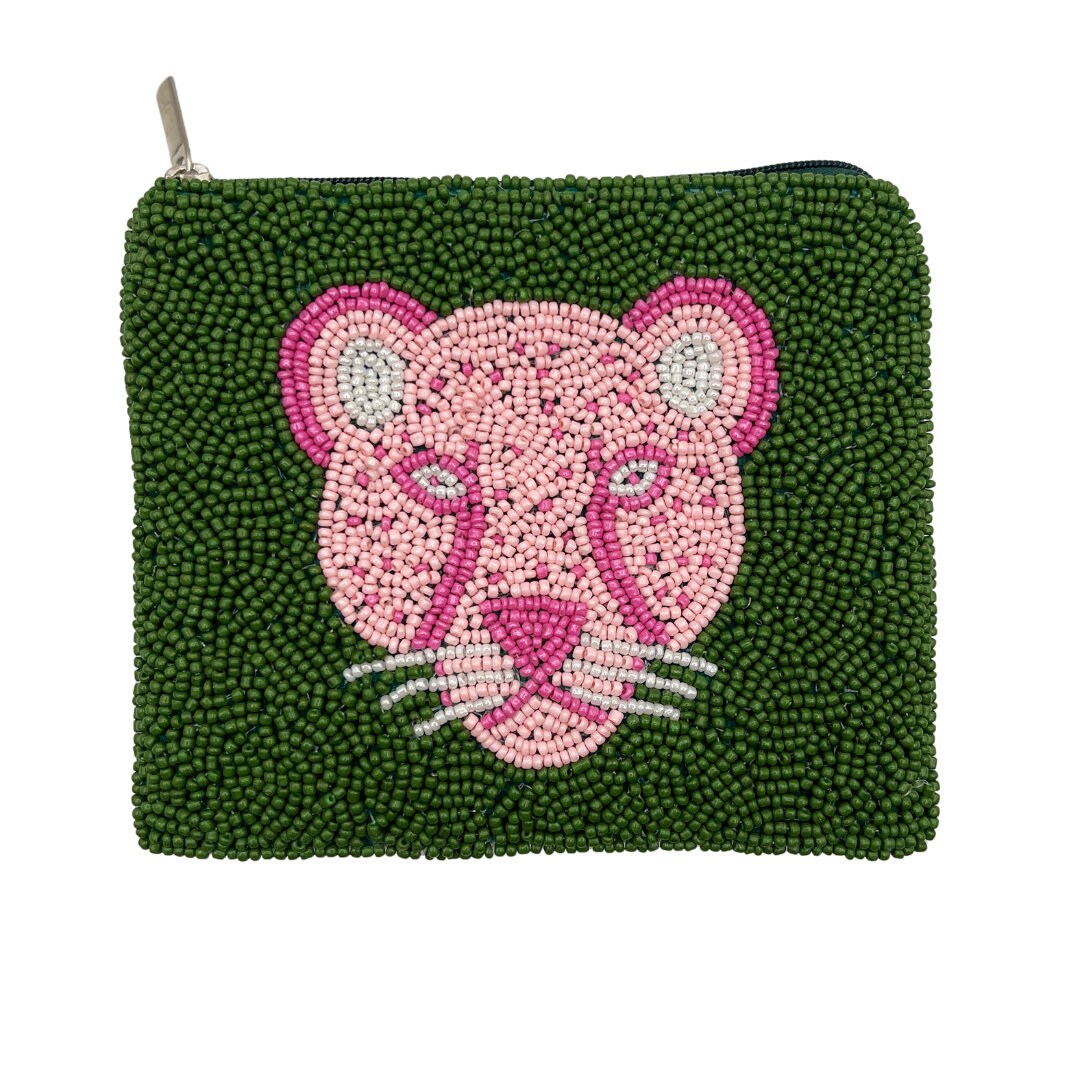 Beaded Leopard Coin Purse: Preppy Pink & Green Small Bag - Etsy